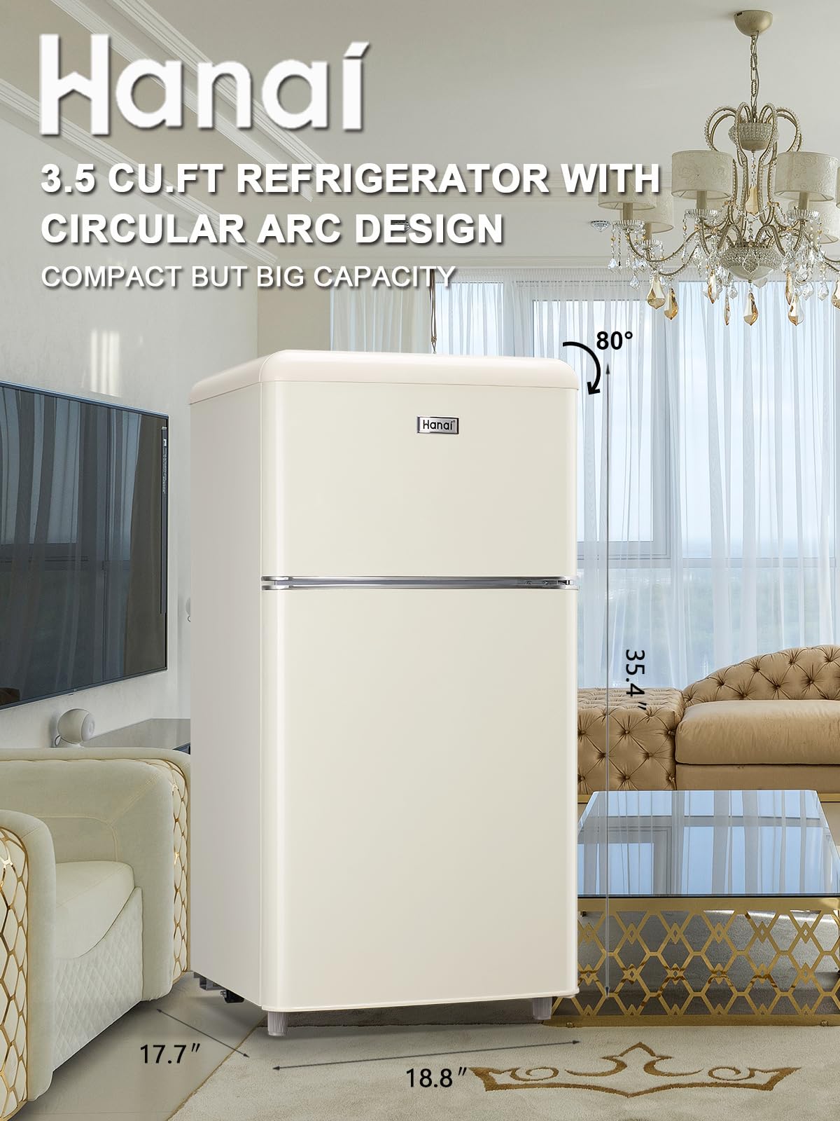 WANAI Compact Refrigerator 3.5 Cu.Ft Retro Mini Fridge With Freezer 2 Door Mini Refrigerator with 7 TEMP Modes, Removable Shelves, LED Lights, Ideal for Apartment Camper Dorm and Office, Cream