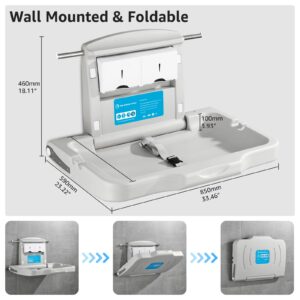 modunful Wall-Mounted Baby Changing Station, Commercial Horizontal Fold-Down Diaper Change Table with Adjustable Safety Strap, CPC Compliant, White