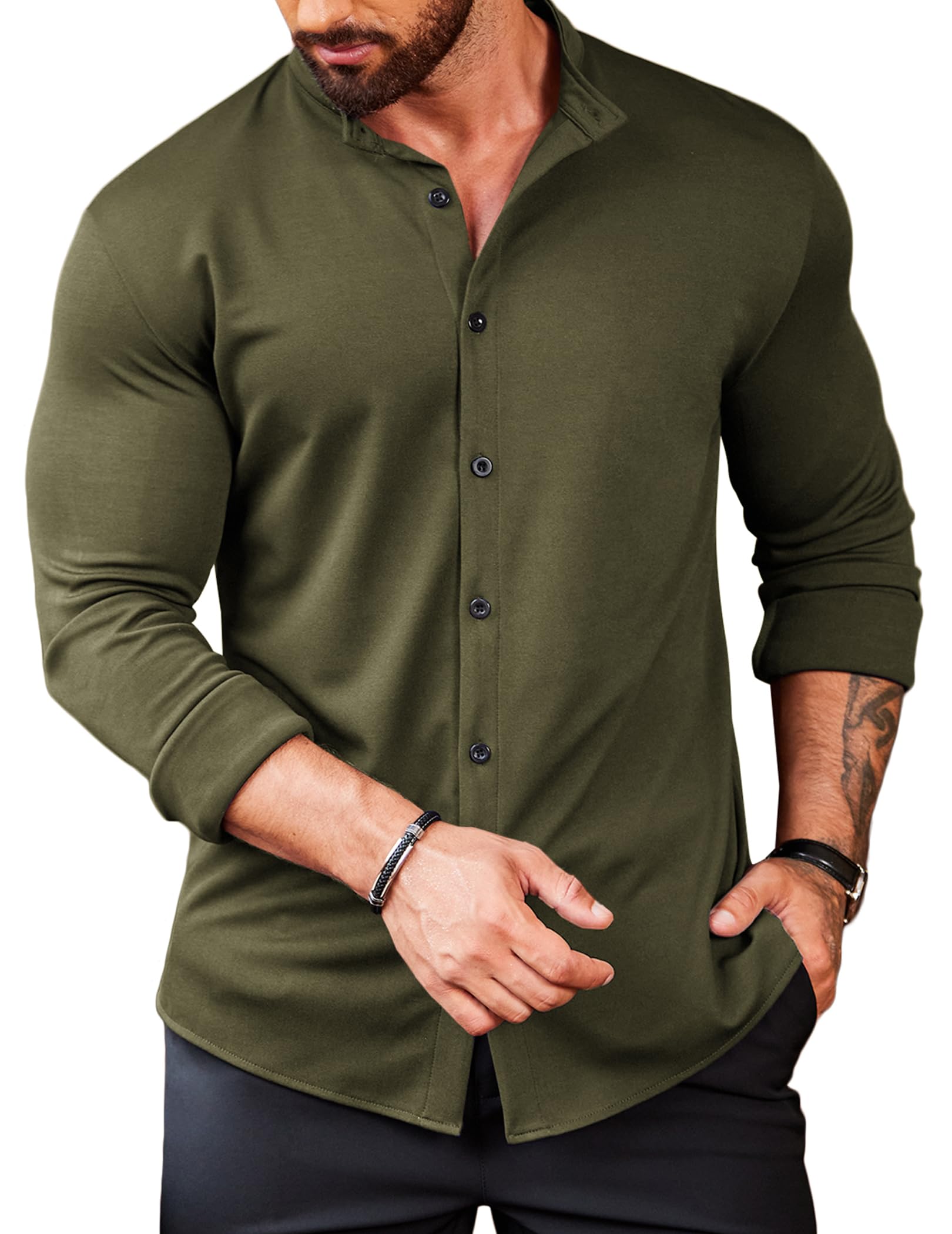 COOFANDY Mens Collarless Dress Shirts Muscle Fit Wrinkle Free Button Down Shirts Army Green