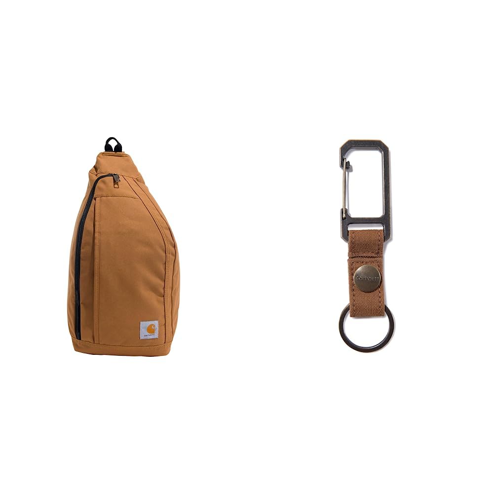 Carhartt Mono Sling Backpack, Unisex Crossbody Bag for Travel and Hiking, Carhartt Brown & unisex adult Nylon Duck Key Keeper, Durable Keychain With Self-locking Clip Wallet, Nylon Duck, One Size US