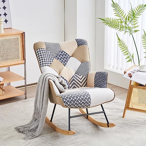 Kosydown Basic Rocking Chair Nursery Glider Rocker Armchair with High Backrest for Living Room Bedroom Offices Upholstered Comfy Colorful Plaid Bohemian Style Chairs Indoor