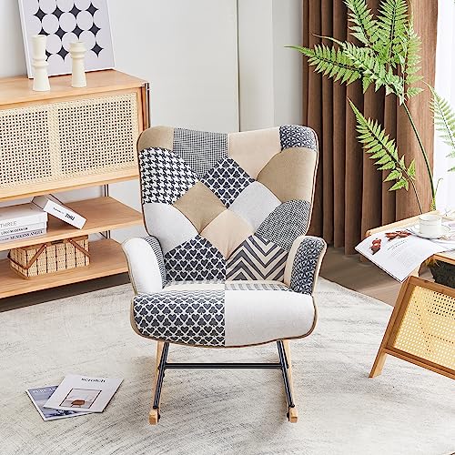 Kosydown Basic Rocking Chair Nursery Glider Rocker Armchair with High Backrest for Living Room Bedroom Offices Upholstered Comfy Colorful Plaid Bohemian Style Chairs Indoor