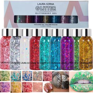 9 pack body glitter gel, mermaid sequin chunky glitter face hair nail lip glitter gel lasting sparkling lotion glitter liquid eye shadow for festival birthday makeup party