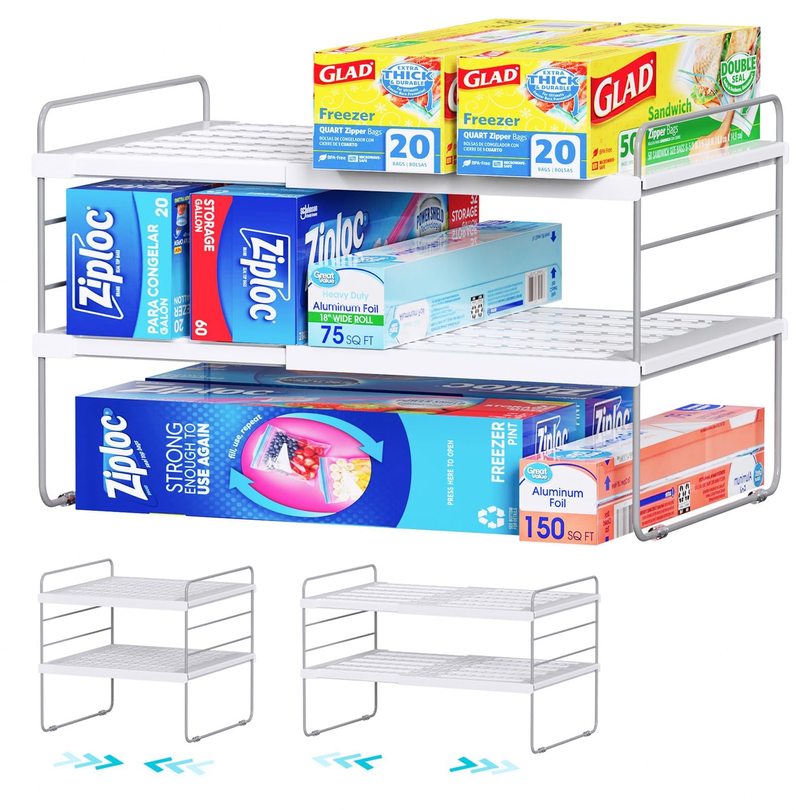 Oylik Expanadable Foil and Plastic Wrap organizer, 3 Tier Stackable Kitchen Cabinet Pantry Storage Shelf, Height Adjustable, Kitchen Organizers and Storage Rack Boxes of Foil Plastic Saran Wrap