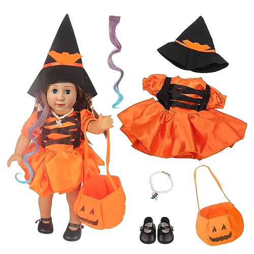 MSYO 7 Pcs Halloween Doll Clothes and Accessories for 18-Inch Doll, Orange Halloweend Doll Outfit, Doll Dress, Doll Shoes, Doll Necklace, Doll Hat, Doll Wigs, Pumpkin Bag, Halloween Doll Costume