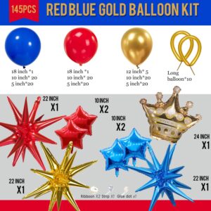 Red Blue Gold balloon garland Arch Kit 145pcs with long Balloons mylar Starburst Crown balloon For Spider Hedgehog superhero birthday theme party Cartoon Baby Shower video game decorations