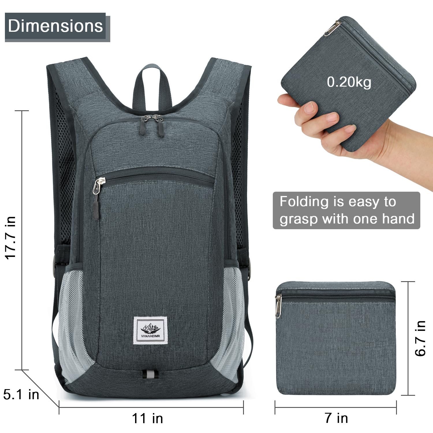 Esup 15L Lightweight Hiking Backpack Foldable Small Travel Backpack Packable Camping Backpack for Women Men (Dark Gray)