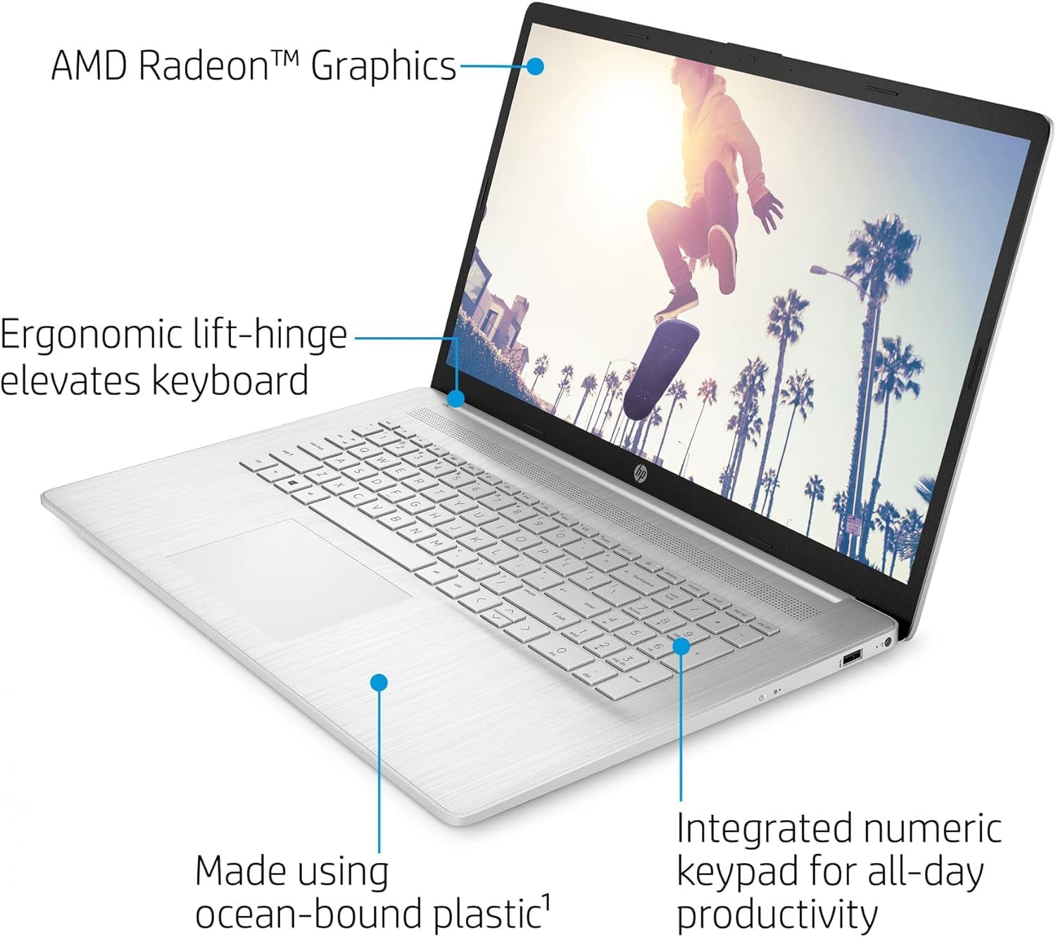 HP 17 17.3" Touchscreen HD+ Laptop Computer, Quad-Core AMD Ryzen 3 5300U (Beat i3-1115G4), 8GB DDR4 RAM, 512GB PCIe SSD, WiFi 6, Bluetooth 5.2, Natural Silver, Windows 11 Home, BROAG Cable