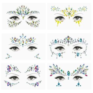 6 pcs face jewels face gems face rave stickers for festival party makeup halloween mermaid face crystal glitter body eyes crystals sticker temporary tattoos stickers for women rhinestone face jewels