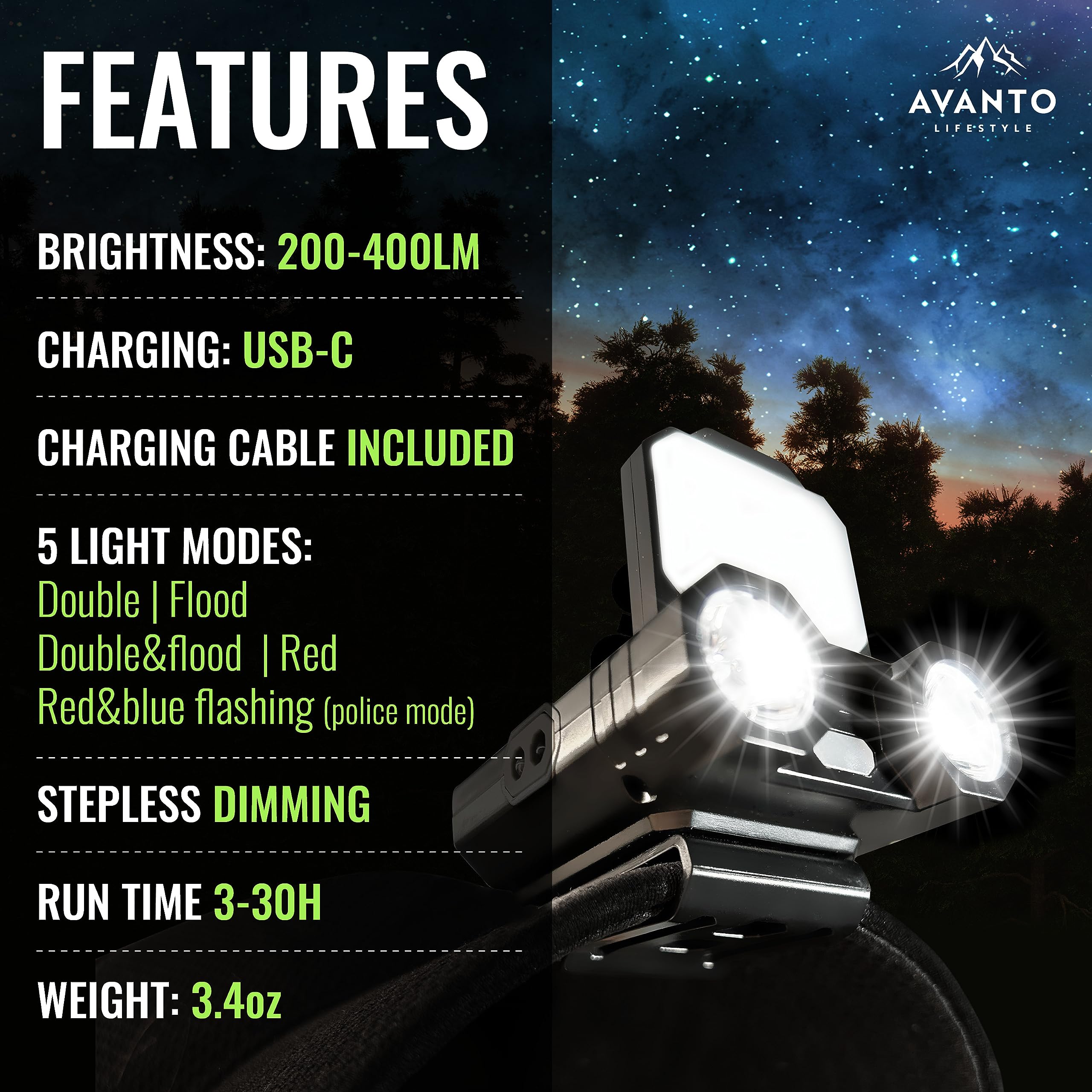 AVANTO Cap Light, Original, USB-C Rechargeable Clip On Flashlight, Molle Compatible Shoulder and Vest Light, USB-C Rechargeable, Hard Hat Lights Clip On, Hands Free Flashlights