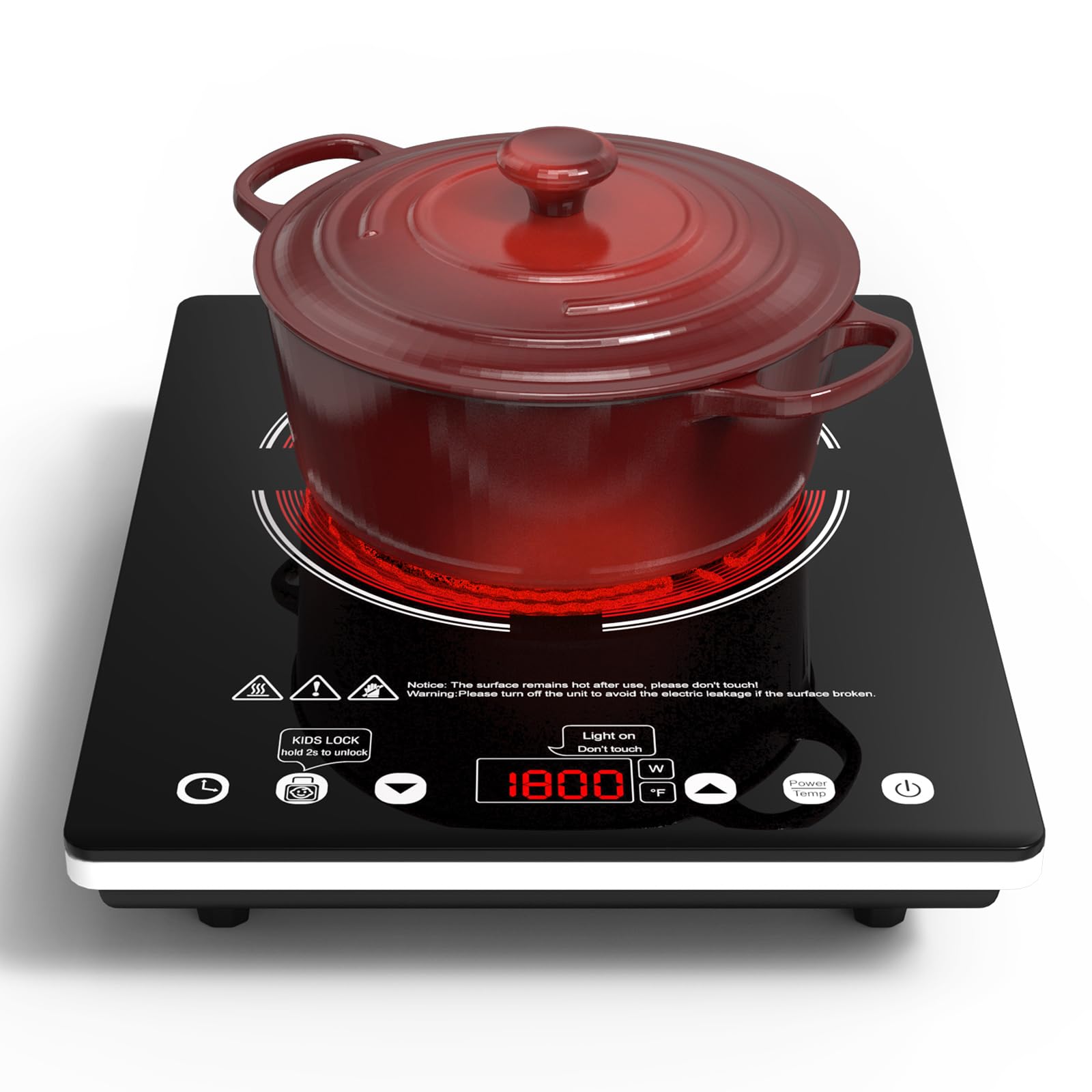 Electric Cooktop Single Burner, 1800W Electric Stove Top Portable, Electric Hot Plate 110v Plug in Countertop,Child Safety Lock,Timer,9 Power Level, Compatible for All Cookware, Induction Cookotp