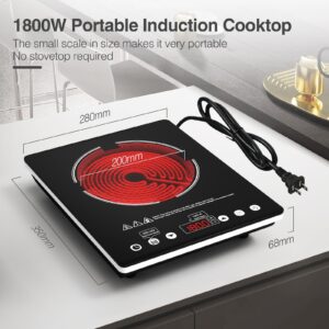 Electric Cooktop Single Burner, 1800W Electric Stove Top Portable, Electric Hot Plate 110v Plug in Countertop,Child Safety Lock,Timer,9 Power Level, Compatible for All Cookware, Induction Cookotp