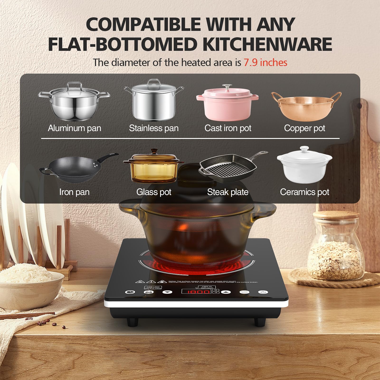 Electric Cooktop Single Burner, 1800W Electric Stove Top Portable, Electric Hot Plate 110v Plug in Countertop,Child Safety Lock,Timer,9 Power Level, Compatible for All Cookware, Induction Cookotp