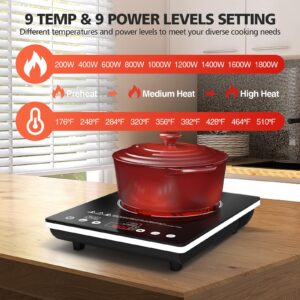 Electric Cooktop Single Burner, 1800W Electric Stove Top Portable, Electric Hot Plate 110v Plug in Countertop,Child Safety Lock,Timer,9 Power Level, Compatible for All Cookware, Induction Cookotp