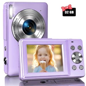 hauyince digital camera, kids camera with 16x zoom, fhd 1080p 44mp point and shoot digital cameras with 32gb card, 2 batteries, lanyard, small compact travel camera for kids,teens boys girls, purple