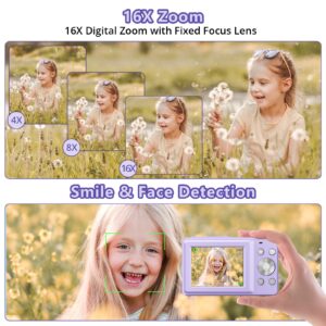 Hauyince Digital Camera, Kids Camera with 16X Zoom, FHD 1080P 44MP Point and Shoot Digital Cameras with 32GB Card, 2 Batteries, Lanyard, Small Compact Travel Camera for Kids,Teens Boys Girls, Purple