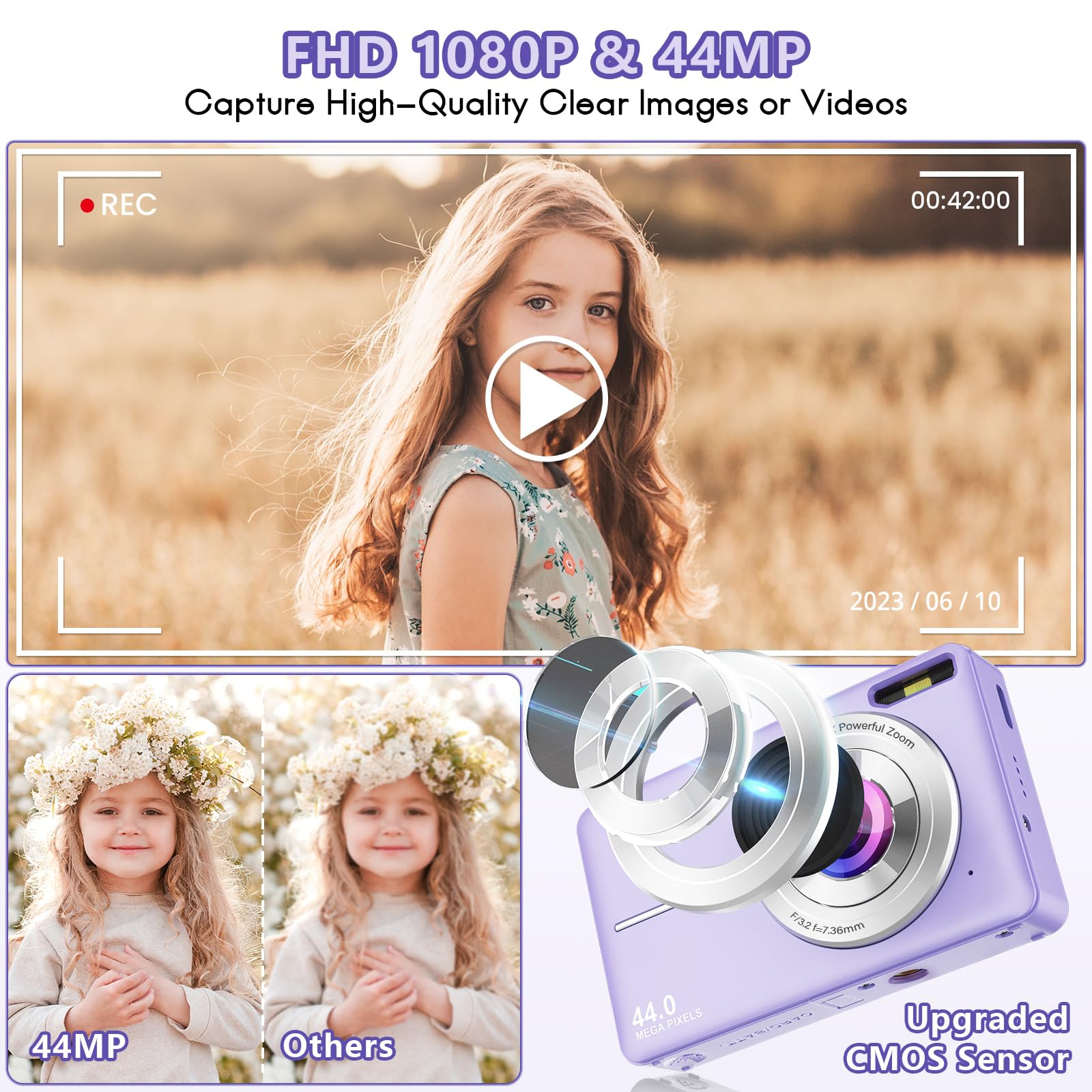 Hauyince Digital Camera, Kids Camera with 16X Zoom, FHD 1080P 44MP Point and Shoot Digital Cameras with 32GB Card, 2 Batteries, Lanyard, Small Compact Travel Camera for Kids,Teens Boys Girls, Purple