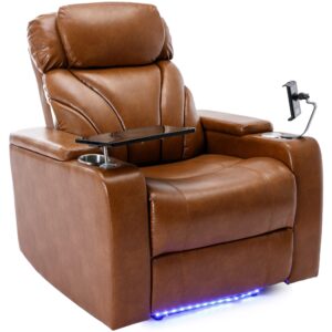 lumisol electric power recliner chair, soft leather single sofa with phone holder & tray table, home theater seating with multimedia audio armrest, cup holders & storage, easy to clean (light brown)