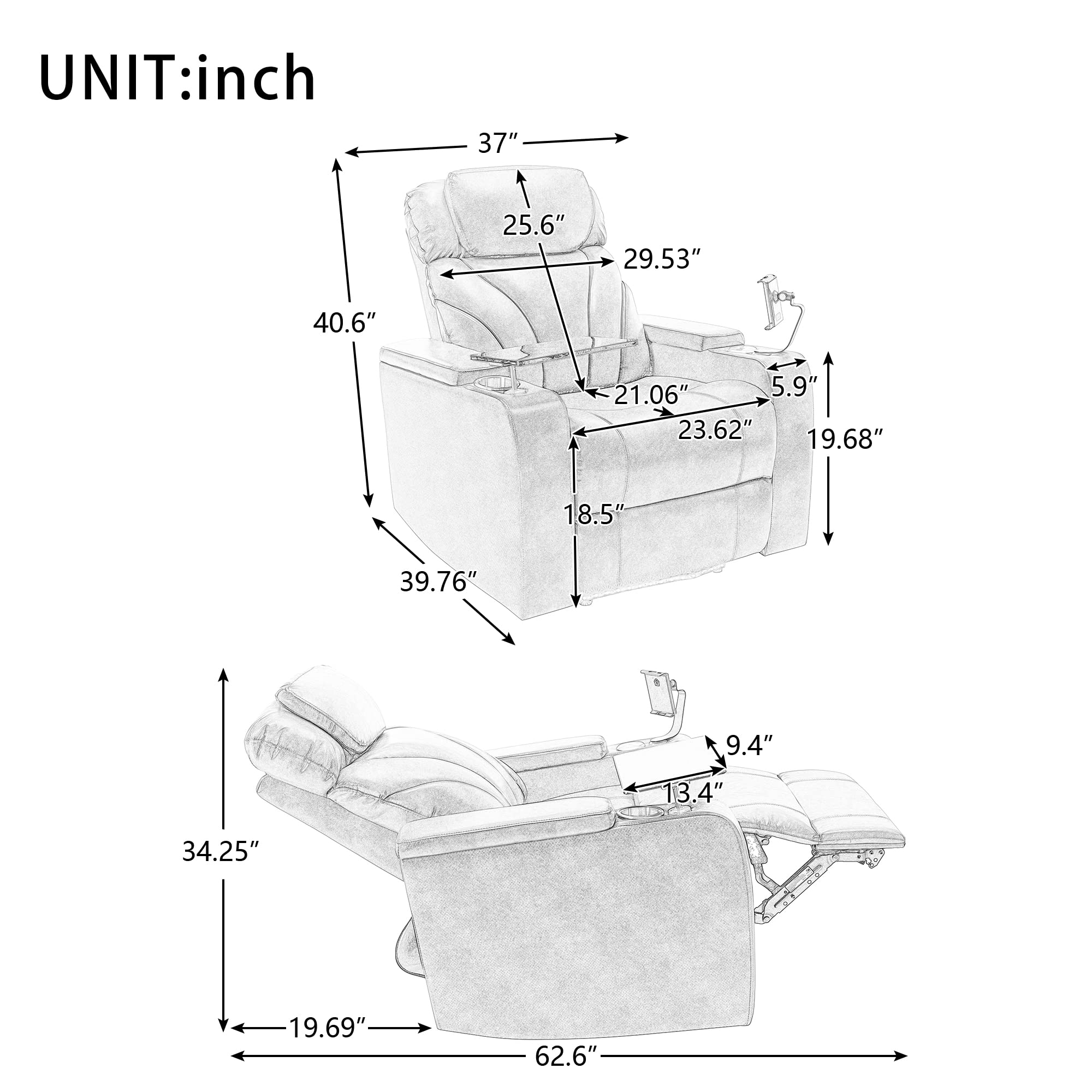 LUMISOL Electric Power Recliner Chair, Soft Leather Single Sofa with Phone Holder & Tray Table, Home Theater Seating with Multimedia Audio Armrest, Cup Holders & Storage, Easy to Clean (Light Brown)