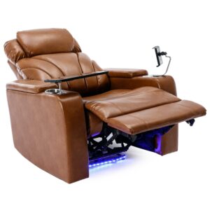 LUMISOL Electric Power Recliner Chair, Soft Leather Single Sofa with Phone Holder & Tray Table, Home Theater Seating with Multimedia Audio Armrest, Cup Holders & Storage, Easy to Clean (Light Brown)