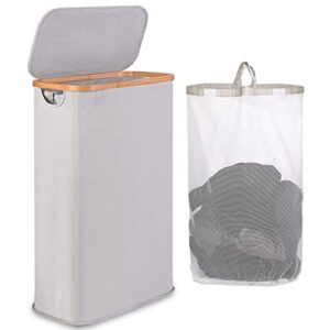 iegrow 60l slim laundry hamper with lid, foldable clothes basket with bamboo handles and removable inner bag, light grey