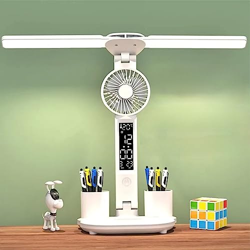 Desk Lamp LED, Lamp with Fan - Foldable Multifunction Table Lamp with Clock Date and Calendar - Led Desk Light with Pen Holder for Bedroom, Home Office Desk Lamp - Reading Table Lamp