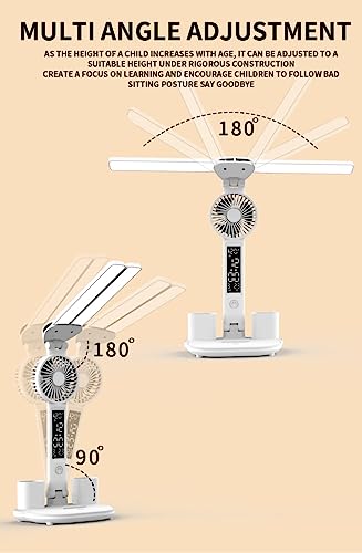 Desk Lamp LED, Lamp with Fan - Foldable Multifunction Table Lamp with Clock Date and Calendar - Led Desk Light with Pen Holder for Bedroom, Home Office Desk Lamp - Reading Table Lamp