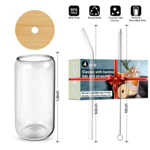 4pcs Set Drinking Glasses With Bamboo Lid And Glass Straw - 16oz Can Shaped Drinking Glass Set, Iced Coffee Mug, Cute Tumbler Cup, Whiskey, Water- Gift Best Choice - 2 Cleaning Brushes (2)