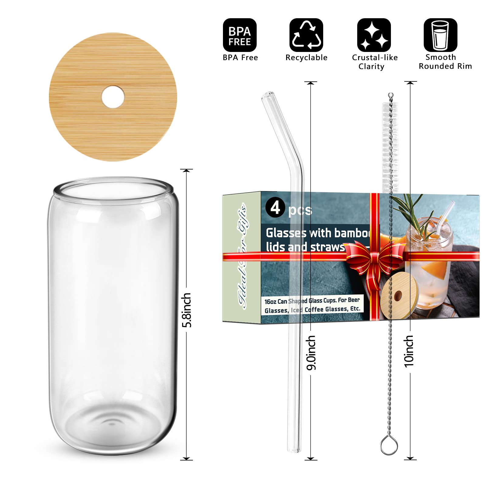 4pcs Set Drinking Glasses With Bamboo Lid And Glass Straw - 16oz Can Shaped Drinking Glass Set, Iced Coffee Mug, Cute Tumbler Cup, Whiskey, Water- Gift Best Choice - 2 Cleaning Brushes (2)