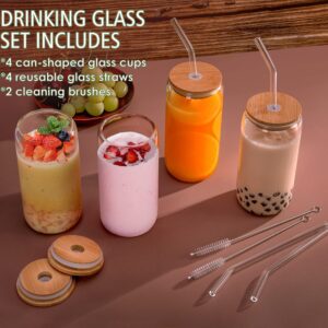 4pcs Set Drinking Glasses With Bamboo Lid And Glass Straw - 16oz Can Shaped Drinking Glass Set, Iced Coffee Mug, Cute Tumbler Cup, Whiskey, Water- Gift Best Choice - 2 Cleaning Brushes (2)