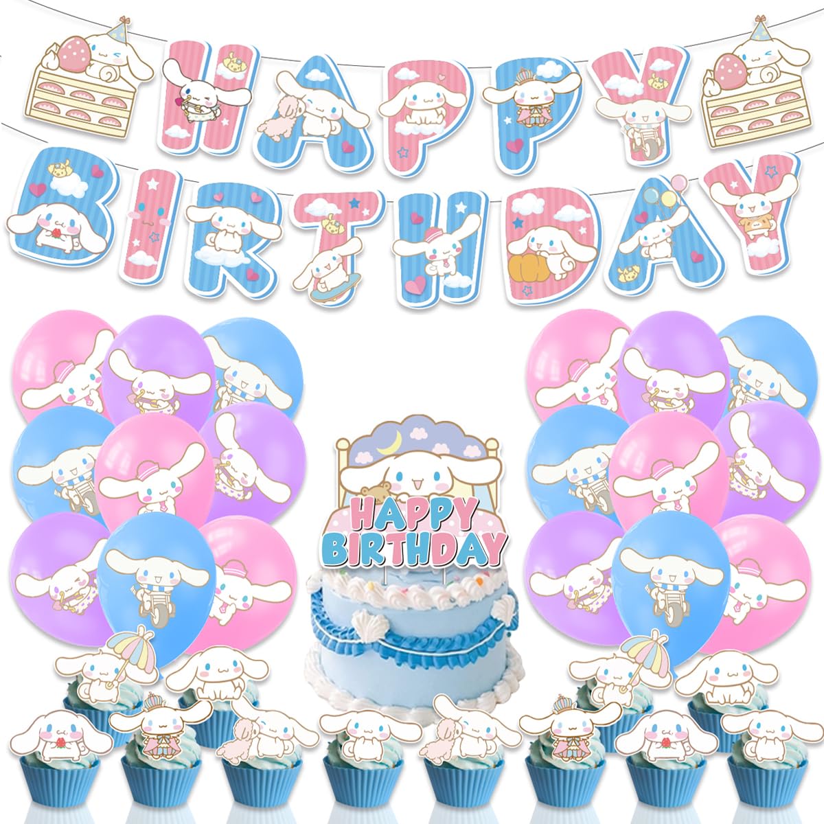 Cinnamoroll Birthday Decorations, Cinnamoroll Party Supplies Including Banner, Balloons, Cake Topper, and Cupcake Toppers