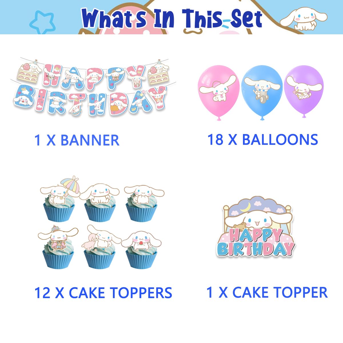 Cinnamoroll Birthday Decorations, Cinnamoroll Party Supplies Including Banner, Balloons, Cake Topper, and Cupcake Toppers