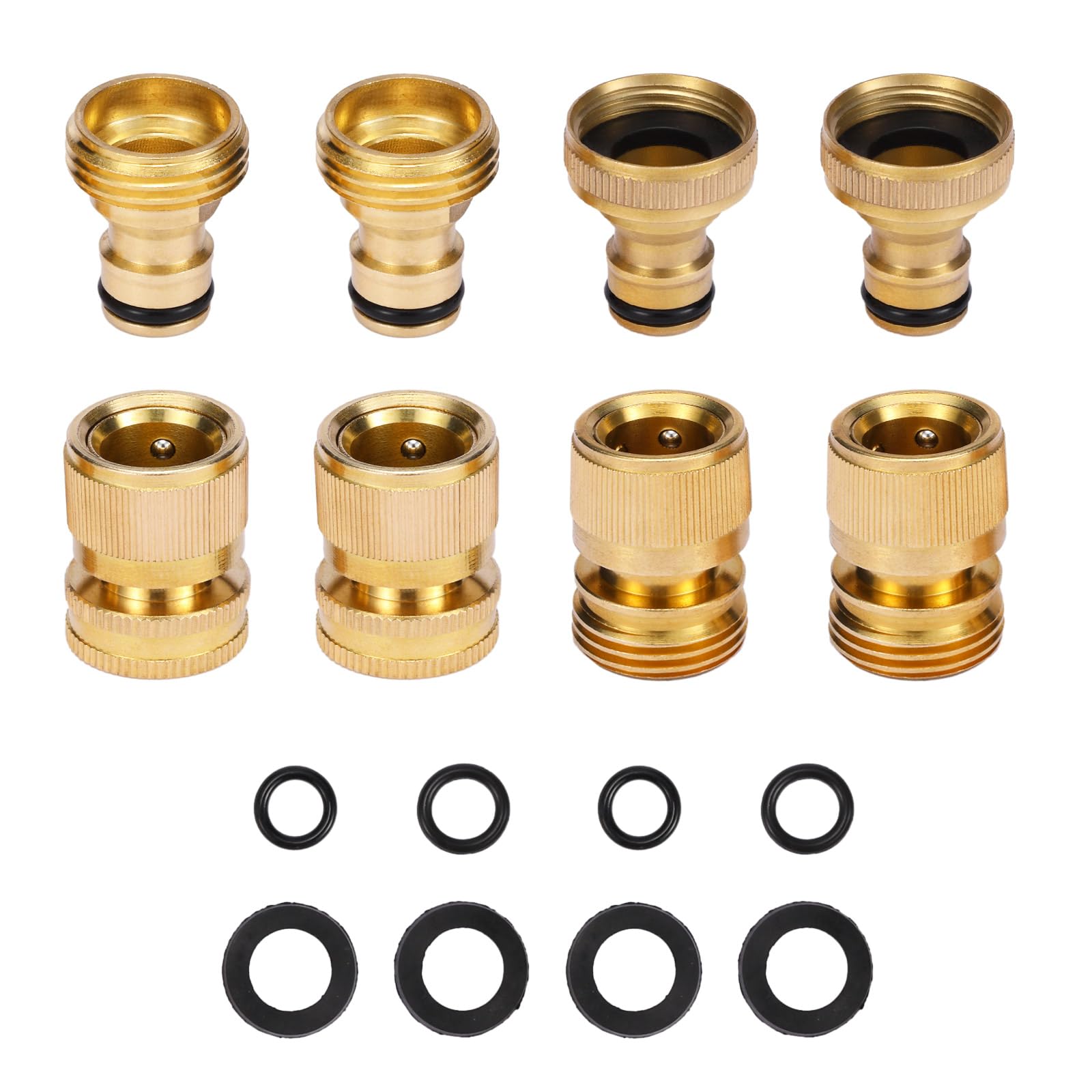 Garden Hose Quick Connect Solid Brass Garden Hose Connector Water Hose Connectors Easy Connect Fittings Standard 3/4 inch GHT, 4 Complete Sets female & Male, Free Washers & Gaskets