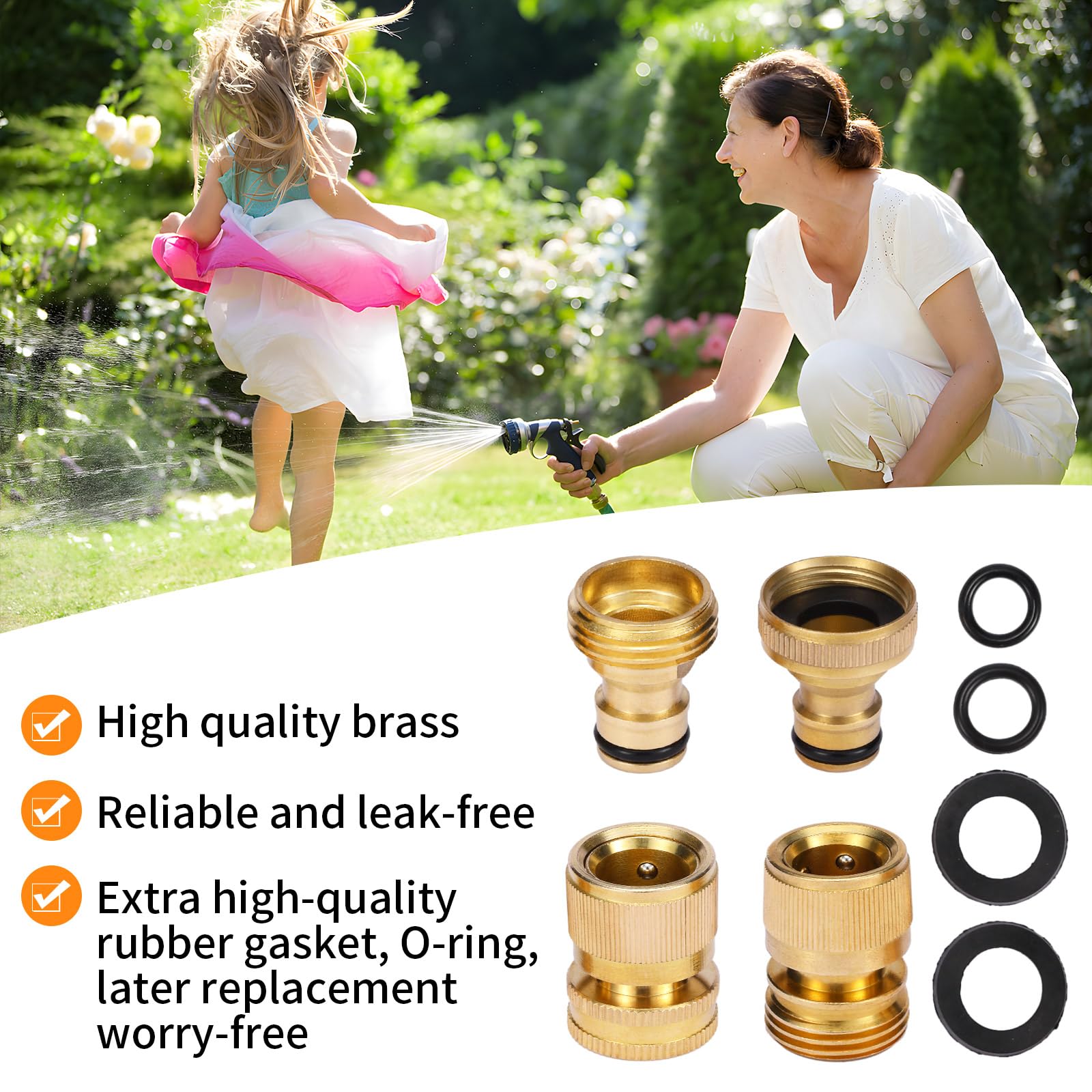 Garden Hose Quick Connect Solid Brass Garden Hose Connector Water Hose Connectors Easy Connect Fittings Standard 3/4 inch GHT, 4 Complete Sets female & Male, Free Washers & Gaskets