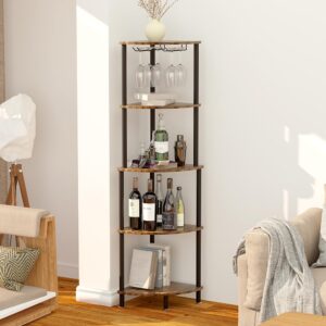 crudate corner wine rack freestanding floor liquor cabinet, 5 tier corner bar cabinet with glass holders wine storage rack, corner bar shelf for home, living room, kitchen, dining room, rustic brown