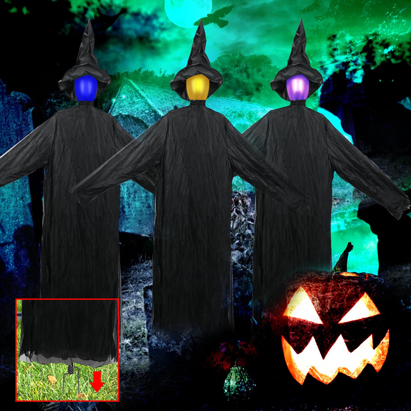 Set of 3 Halloween Witch Decoration, Light Up 6 FT Holding Hands Screaming Witches Sound-Activated Sensor, Scary Witch with Stakes for Garden Yard Haunted House Porch