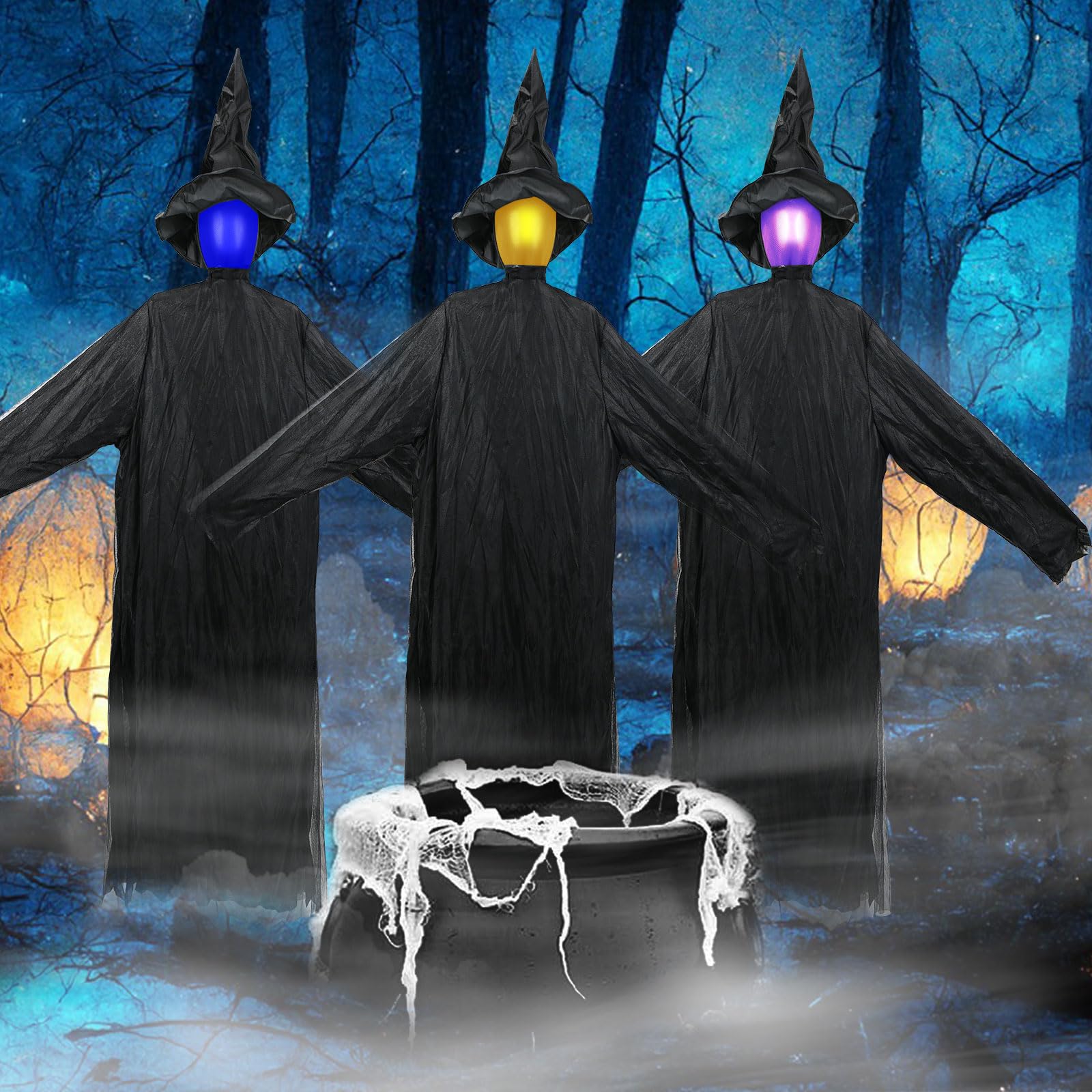 Set of 3 Halloween Witch Decoration, Light Up 6 FT Holding Hands Screaming Witches Sound-Activated Sensor, Scary Witch with Stakes for Garden Yard Haunted House Porch