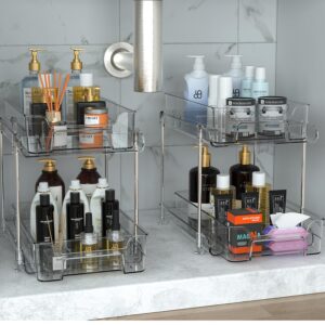 rigednef 2 tier clear bathroom organizer with dividers, under sink organizer and storage, slide-out medicine cabinet organizer, kitchen pantry storage, bathroom vanity counter organizer, 2 pack