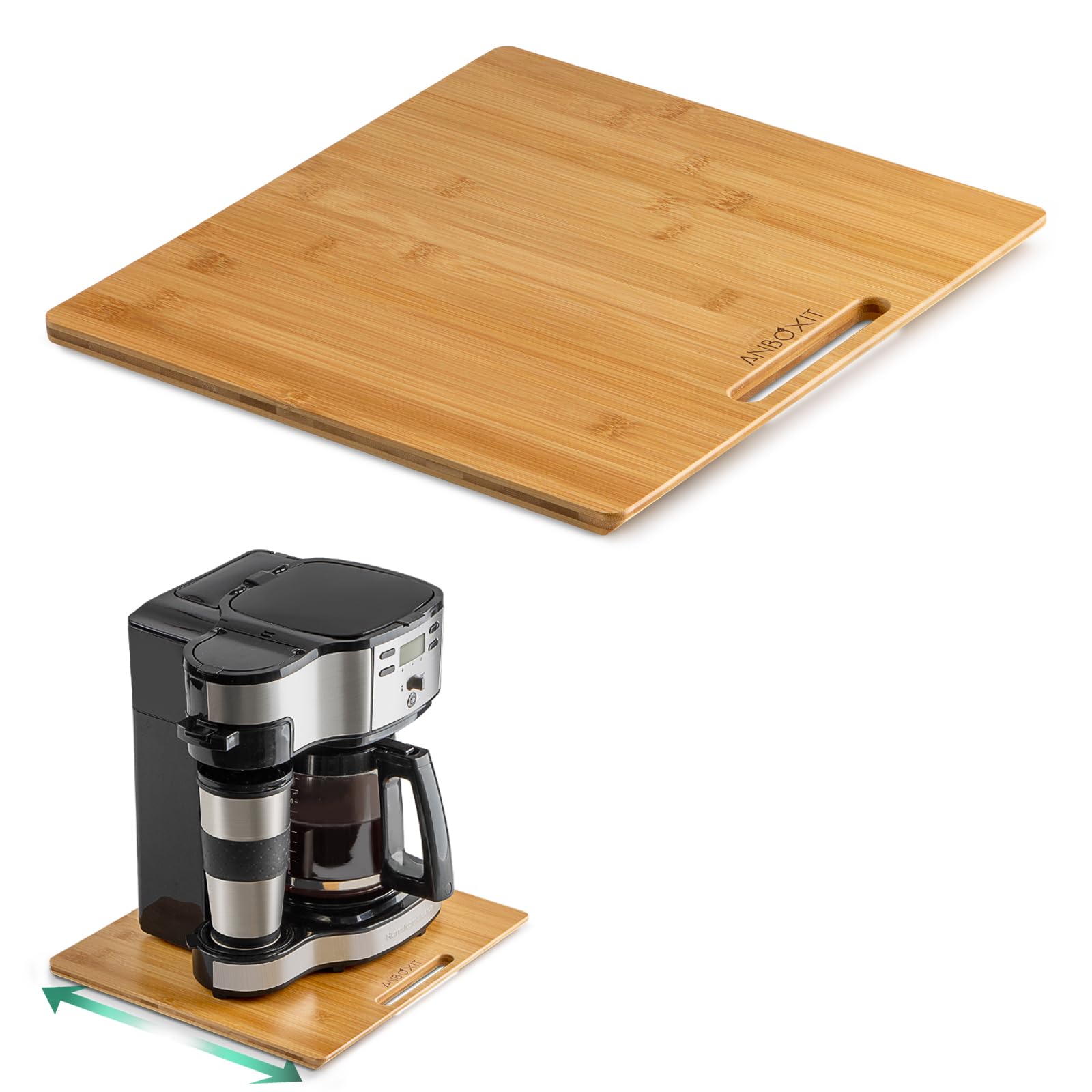 ANBOXIT Bamboo Appliance Slider, Sliding Tray for Coffee Maker, Kitchen Countertop Appliance Rolling Tray, Coffee Pot Slider Tray with Rubber Wheels, Wide - Medium (13"D x 14"W)