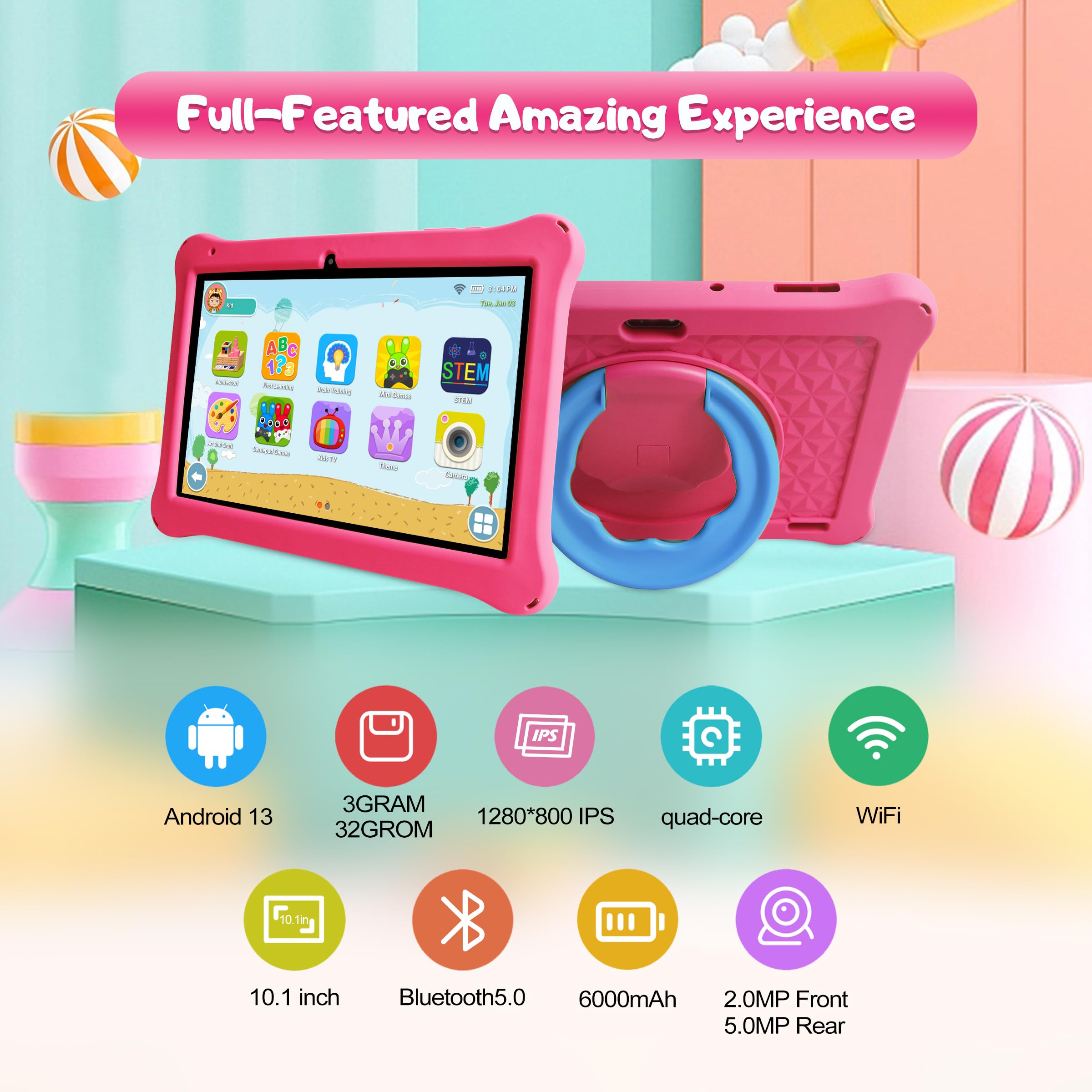 ATMPC Kids Tablet 10 inch Android 13 Tablet for Kids, 3GB RAM+32GB ROM Toddler Tablet with 6000mAh Battery IPS HD Display Support WiFi Bluetooth Parental Control Kids Learing Tablet with Pink Case