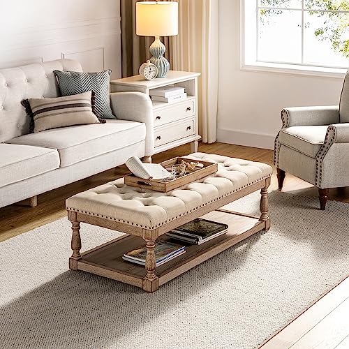 HULALA HOME Rectangle Ottoman Coffee Table with Tray, Tufted Living Room Ottoman with Solid Wood Storage Shelf, Upholstered Large Footrest Ottoman - Linen