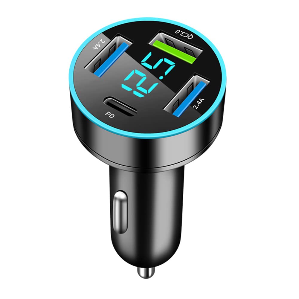 AGEK Car Charger, 4 Port USB C Car Adapter, PD 3.0 & QC 3.0 Fast Charging, Voltage Display, LED Atmosphere Light, Wide Compatibility for iPhone, Samsung, iPad & Tablets