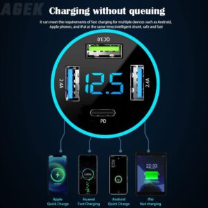 AGEK Car Charger, 4 Port USB C Car Adapter, PD 3.0 & QC 3.0 Fast Charging, Voltage Display, LED Atmosphere Light, Wide Compatibility for iPhone, Samsung, iPad & Tablets