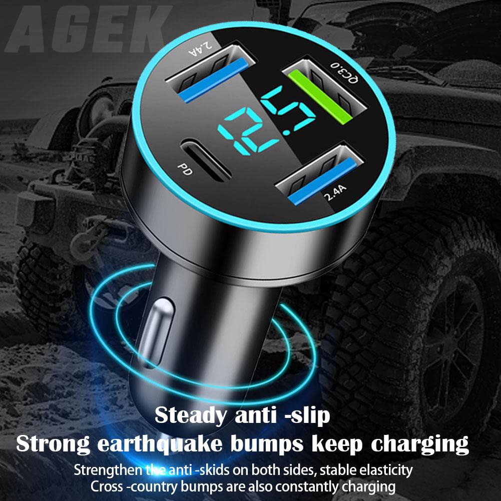 AGEK Car Charger, 4 Port USB C Car Adapter, PD 3.0 & QC 3.0 Fast Charging, Voltage Display, LED Atmosphere Light, Wide Compatibility for iPhone, Samsung, iPad & Tablets