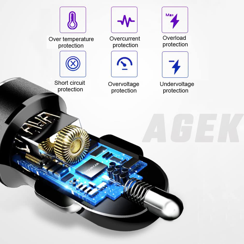 AGEK Car Charger, 4 Port USB C Car Adapter, PD 3.0 & QC 3.0 Fast Charging, Voltage Display, LED Atmosphere Light, Wide Compatibility for iPhone, Samsung, iPad & Tablets