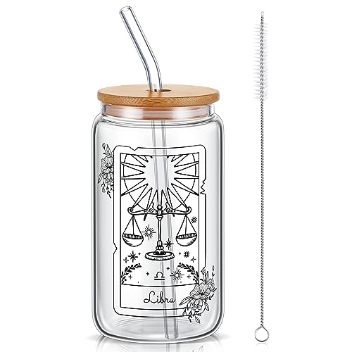 Uiifan 16 oz Zodiac Iced Coffee Glasses Beer Can Shaped Drinking Glasses Glass Cups with Lids and Straws Cleaning Brush Cute Drinking Jars Zodiac Gifts for Women Men Tea Soda (Libra Style)