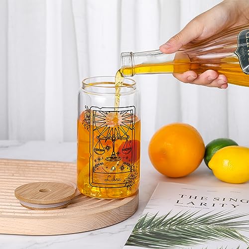 Uiifan 16 oz Zodiac Iced Coffee Glasses Beer Can Shaped Drinking Glasses Glass Cups with Lids and Straws Cleaning Brush Cute Drinking Jars Zodiac Gifts for Women Men Tea Soda (Libra Style)