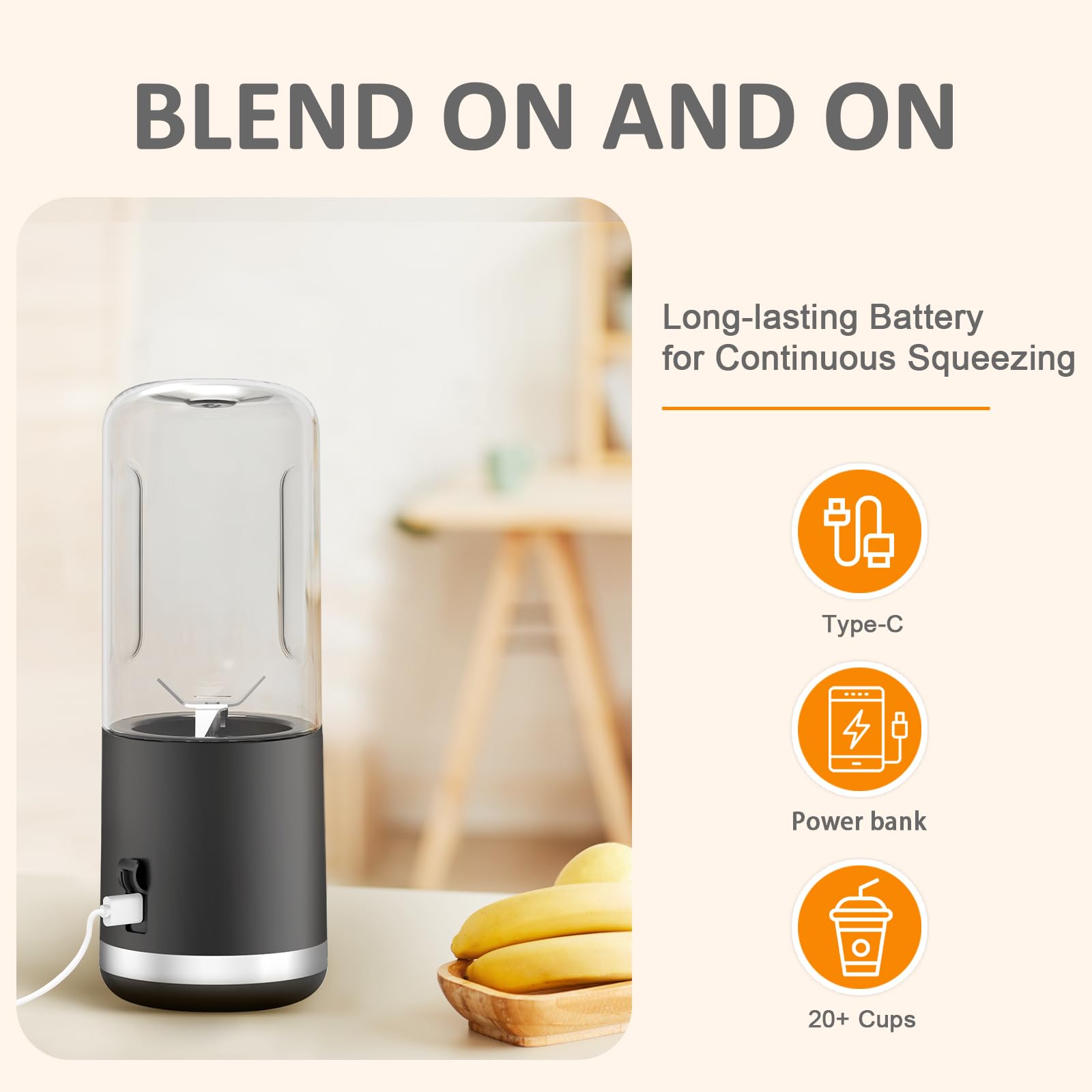 Portable Blender, Personal Blender for Shakes and Smoothies, 4000mAh USB Rechargeable, BPA Free 15.2 Oz 450ML Juicer Cup with 6 Blades and Lid, Portable Juicer for Kitchen/Travel/Gym