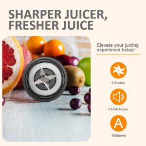 Portable Blender, Personal Blender for Shakes and Smoothies, 4000mAh USB Rechargeable, BPA Free 15.2 Oz 450ML Juicer Cup with 6 Blades and Lid, Portable Juicer for Kitchen/Travel/Gym