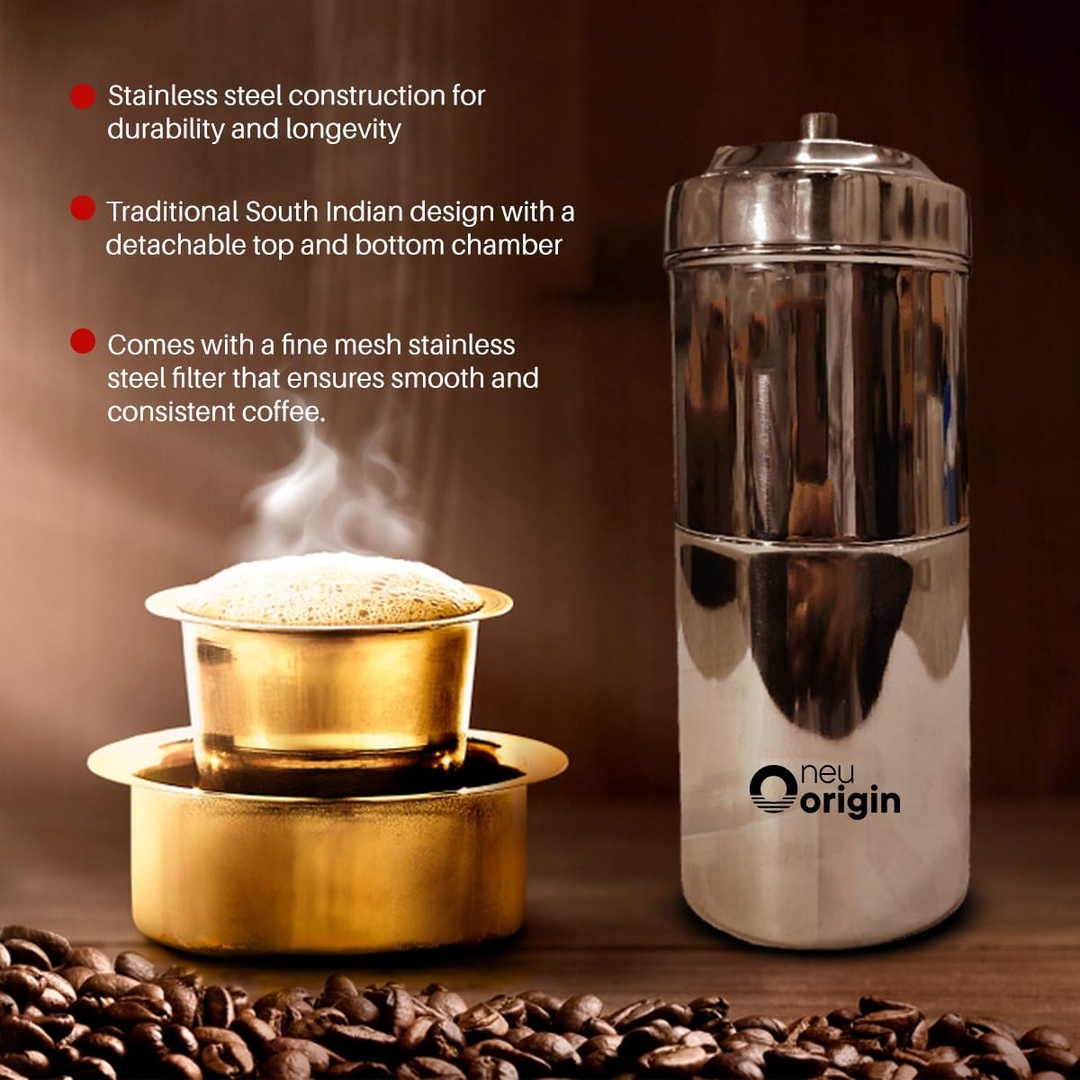 NeuOrigin Steel Filter Coffee Maker/South Indian Filter Coffee Maker/Traditional Coffee Maker/ 2-4 Cups of Coffee/Mysore Coffee Filter